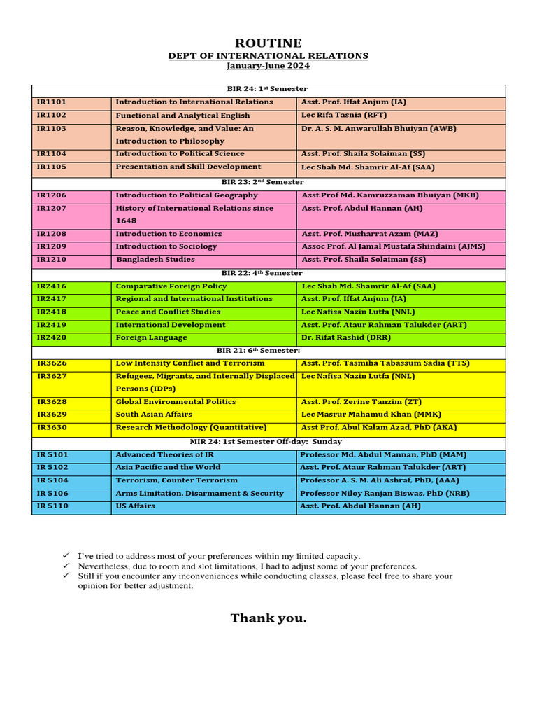 IR Jan-June 2024 Routine | PDF | Liberal Arts Education