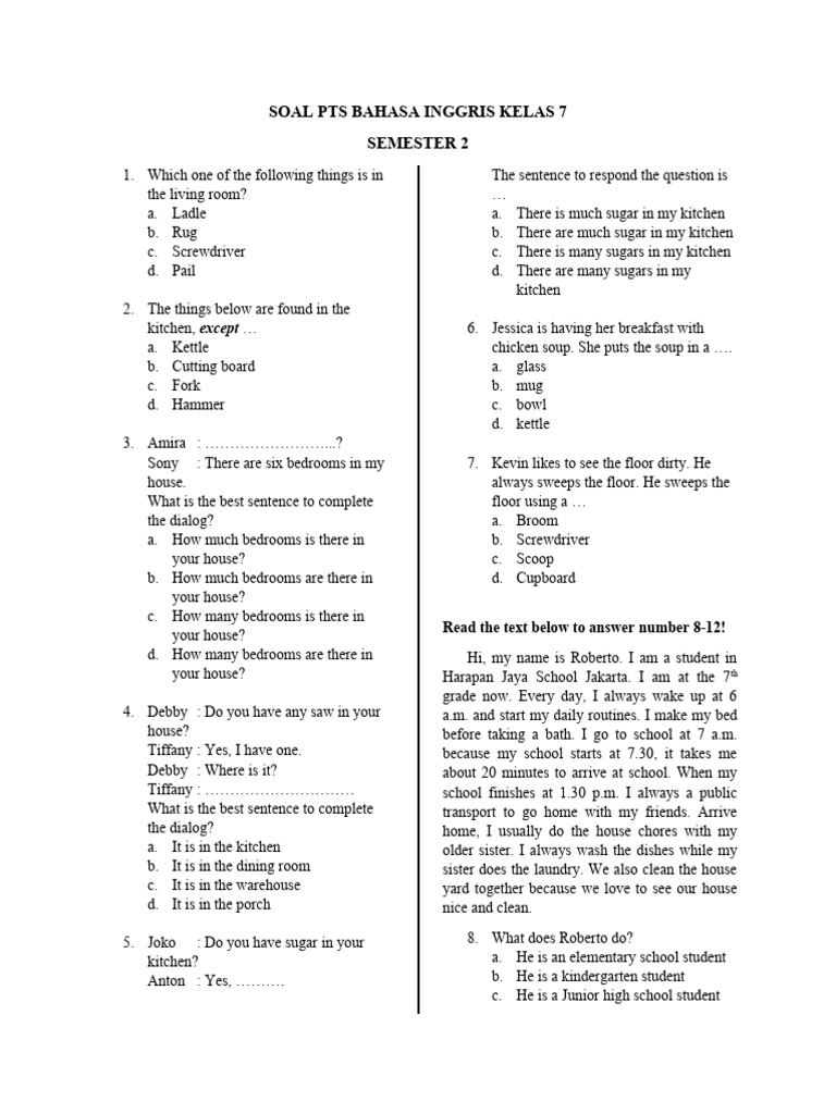 Soal PTS Bahasa Inggris Kelas 7 SMT 2 Ikm | PDF | Room | Bathroom