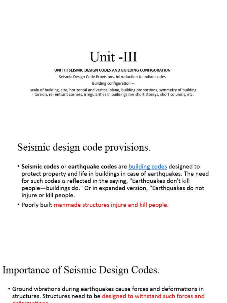Unit - III Seismic Design Codes | PDF | Earthquake Engineering | Earthquakes