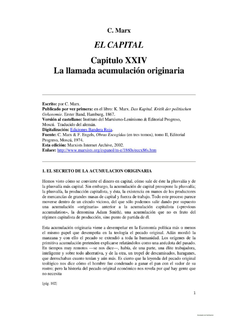 Texto Marx. Cap. XXIV. La llamada Acumulación Originaria | PDF Texto Marx. Cap. XXIV. La llamada Acumulación Originaria | PDF