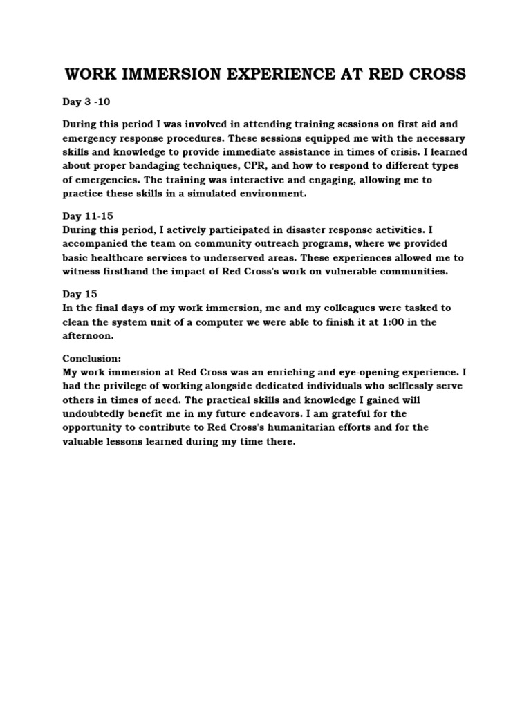 Work Immersion Experience at Red Cross | PDF