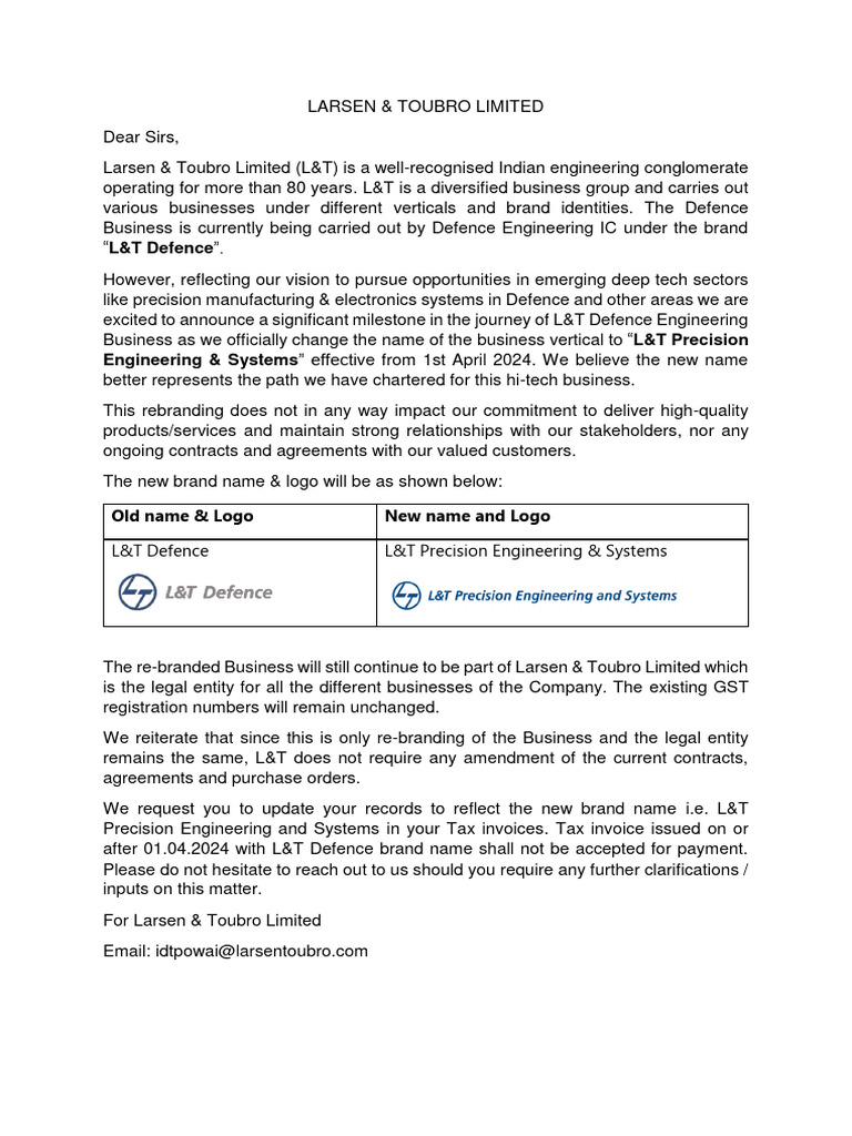 L&T Rebrands to Precision Engineering | PDF