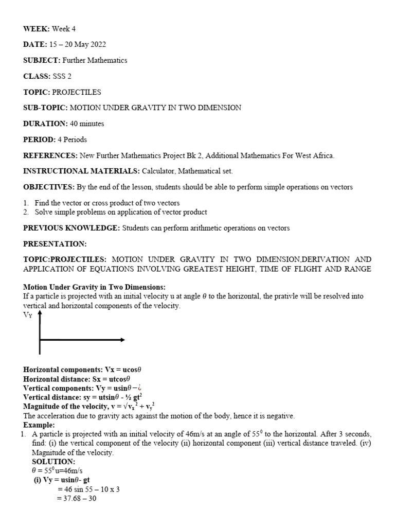 Week4 Further Mathematics SSS2 | PDF | Euclidean Vector | Projectiles