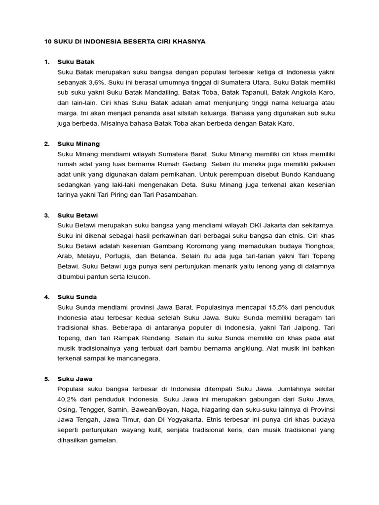 10 Suku Besar Indonesia dan Ciri Khasnya | PDF