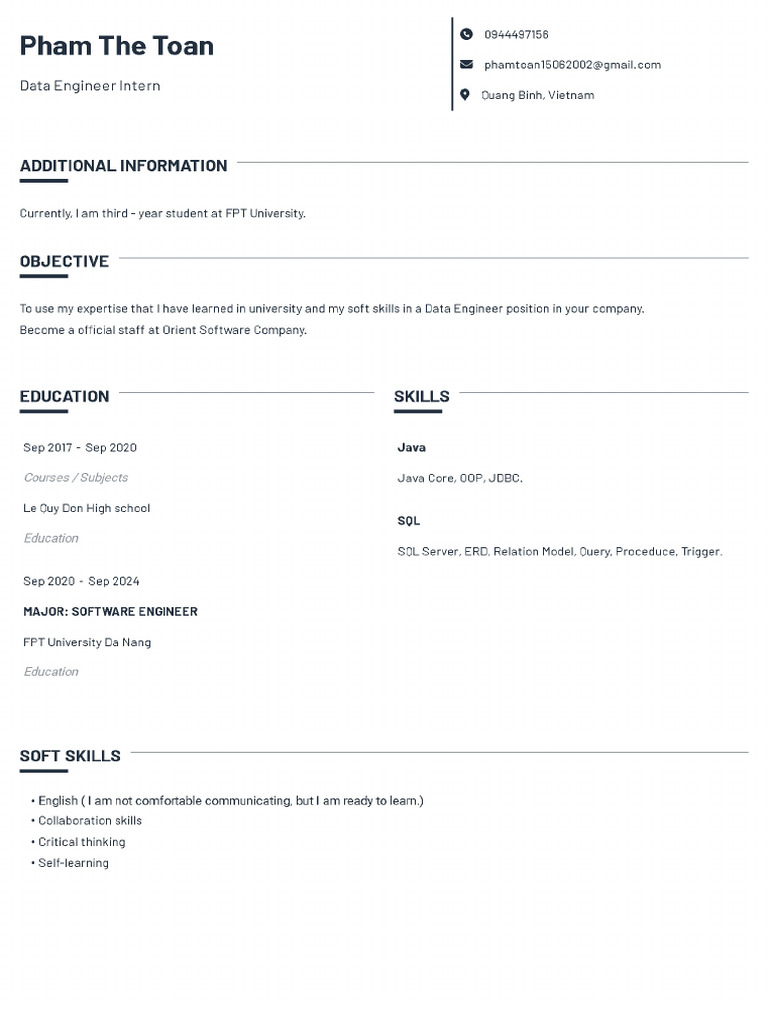 Data Engineer Intern-Pham The Toan | PDF