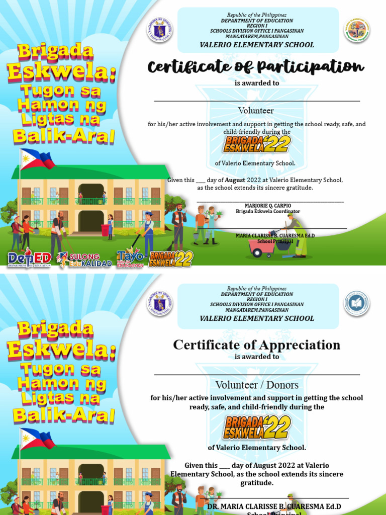 BRIGADA ESKWELA CERTIFICATE OF PARTICIPATION and PLEDE OF COMMITMENT BOOKLET | PDF