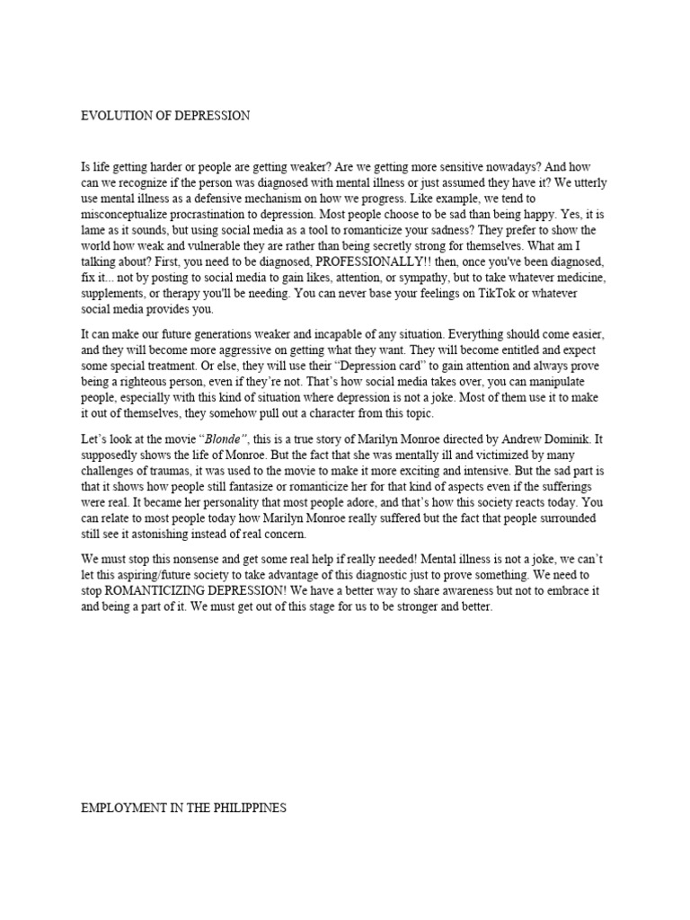 EVOLUTION OF DEPRESSION | PDF | Employment | Behavioural Sciences