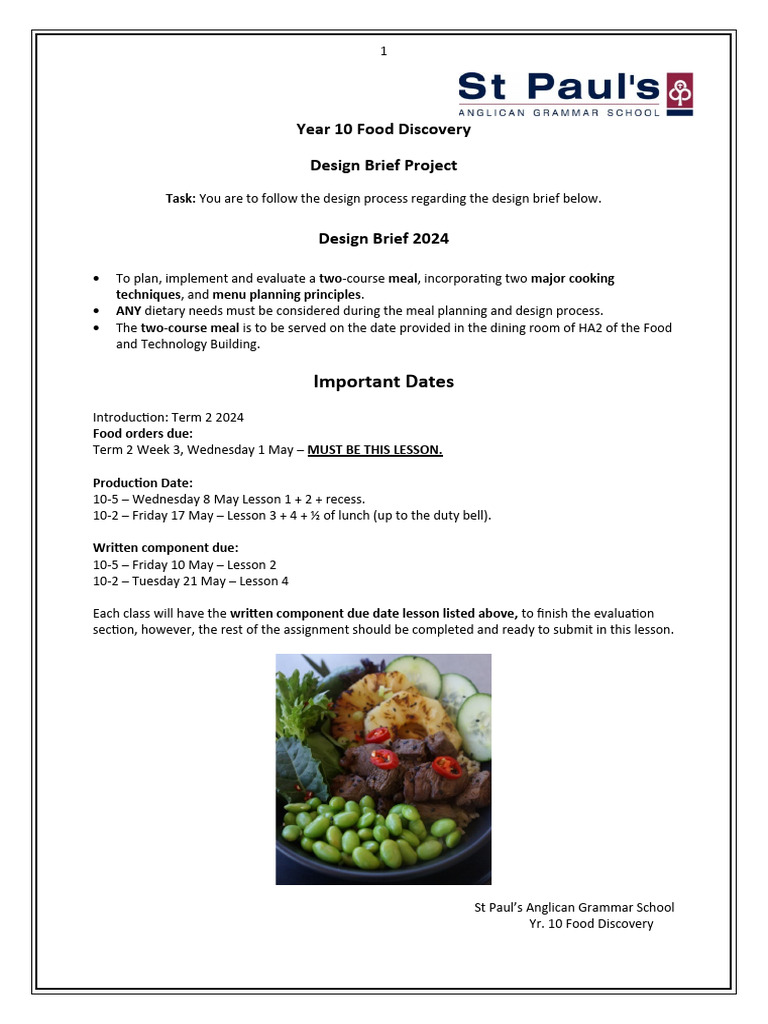 Year 10 Food Design Brief Guide | PDF | Meal | Cooking