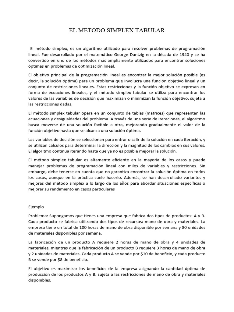 El Metodo Simplex Tabular | Descargar gratis PDF | Programación lineal ...