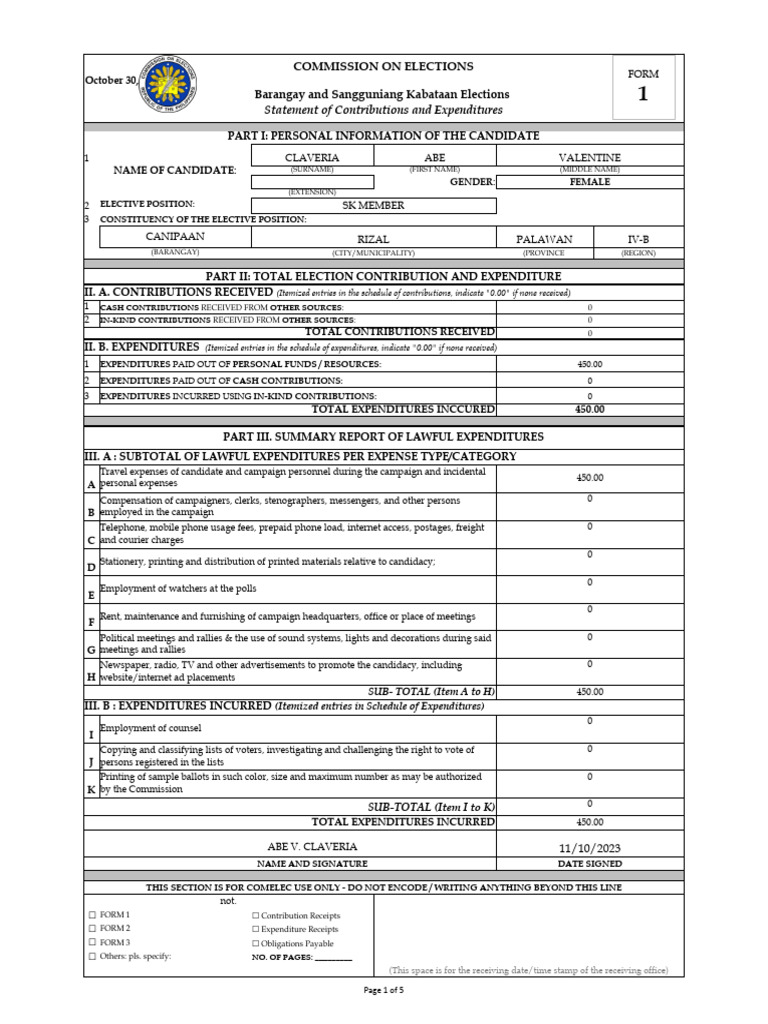 SK Election Contributions Report 2023 | PDF | Expense