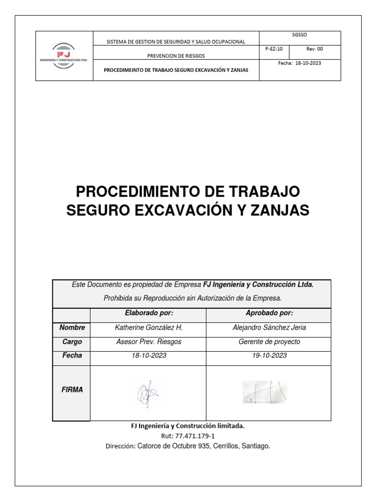 P-EZ-10 Procedimiento de Trabajo Seguro Excavación y Zanjas | PDF ...