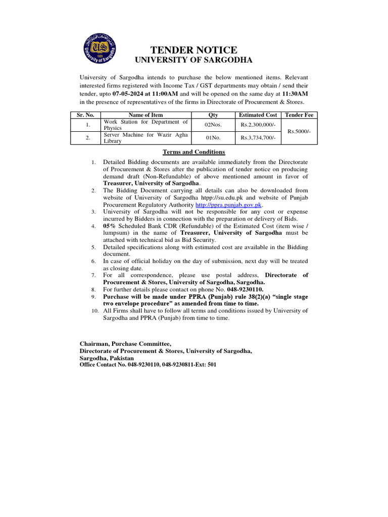 University of Sargodha Tender Notice | PDF | Taxation | Payments
