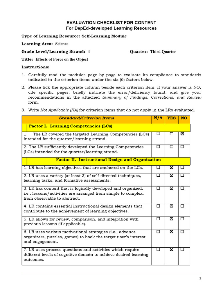 Area 1 - Content Evaluation Checklist | PDF | Educational Assessment ...
