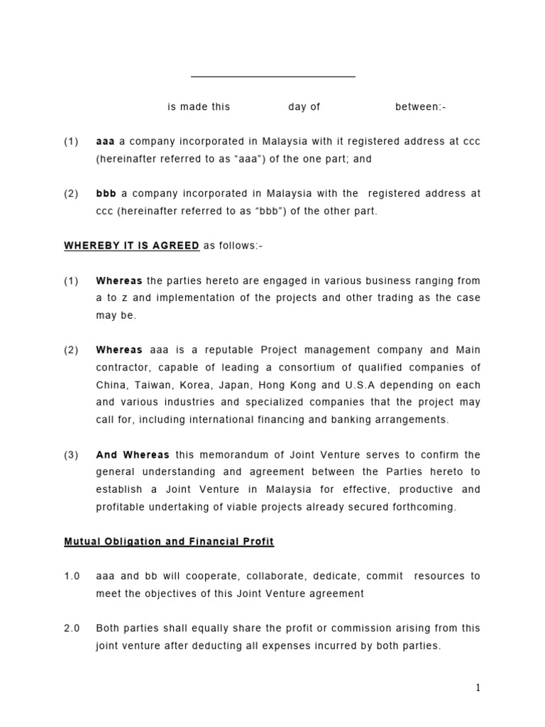 JOINT VENTURE AGREEMENT profit sharing | PDF | Joint Venture | Information