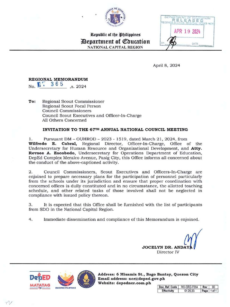 RM No. 365 S. 2024 Invitation To The 67th Annual National Council ...