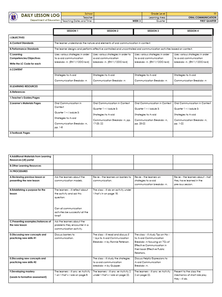 Oral Communication DLL Week 3 | PDF | Learning | Communication