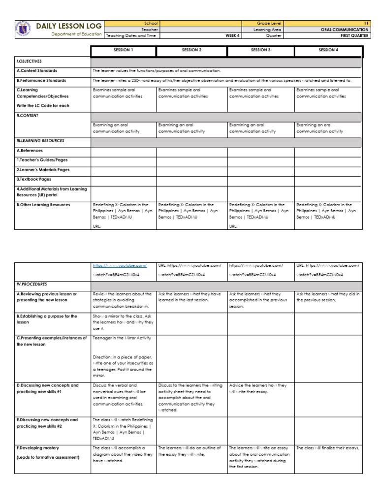 Week 4 Oral Communication DLL | PDF | Learning | Communication