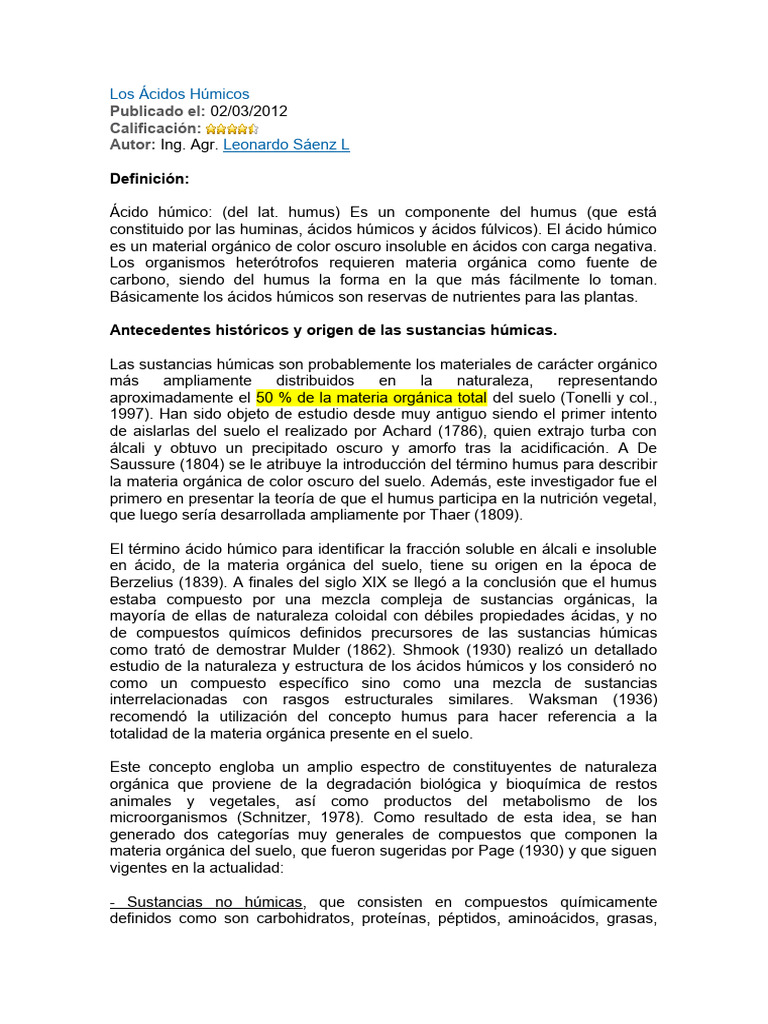 Los Ácidos Húmicos | PDF | Suelo | Compuestos orgánicos