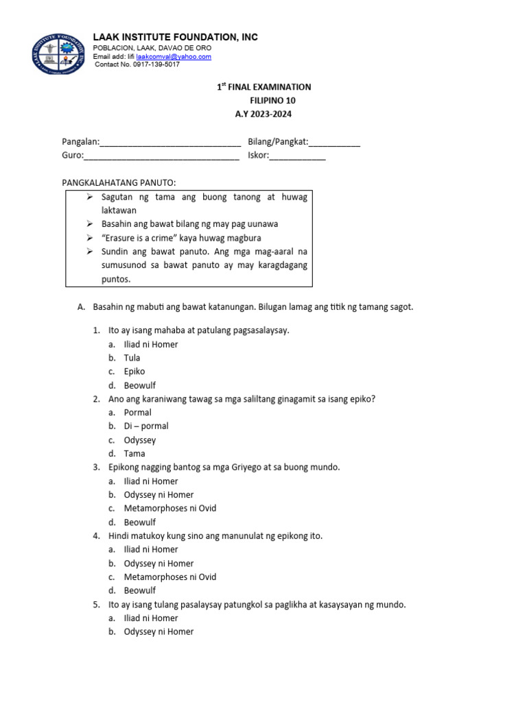 G10 Filipino 1st Quarter Final | PDF