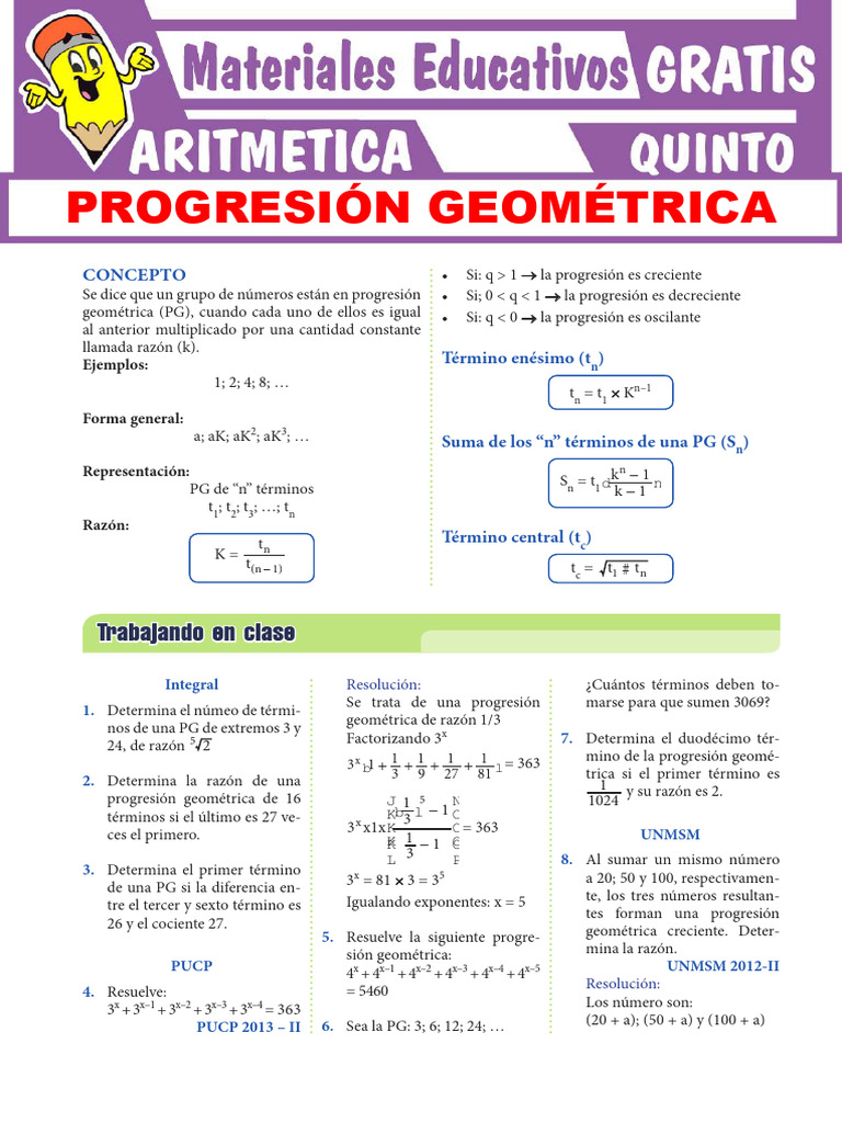 La Progresion Geometrica para Quinto Grado de Secundaria | PDF