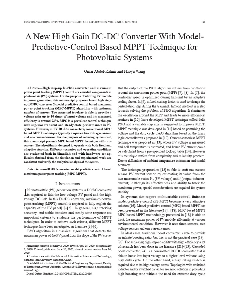 A New High Gain Dc Dc Converter With Model Predictive Control Based Mppt Technique For