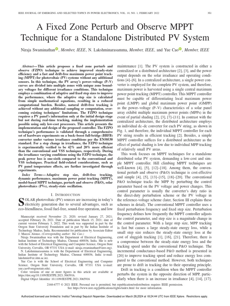 A Fixed Zone Perturb And Observe Mppt Technique For A Standalone Distributed Pv System Pdf