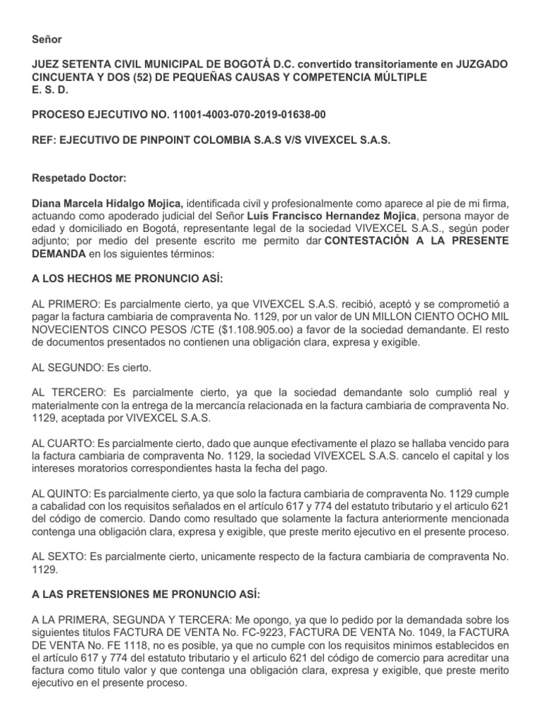 Contestacion demanda pinpoint | PDF | Factura | Bogotá