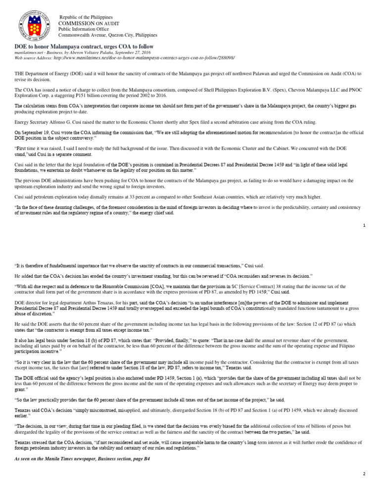 DOE Defends Malampaya Contract Integrity | PDF | Taxes | Economies