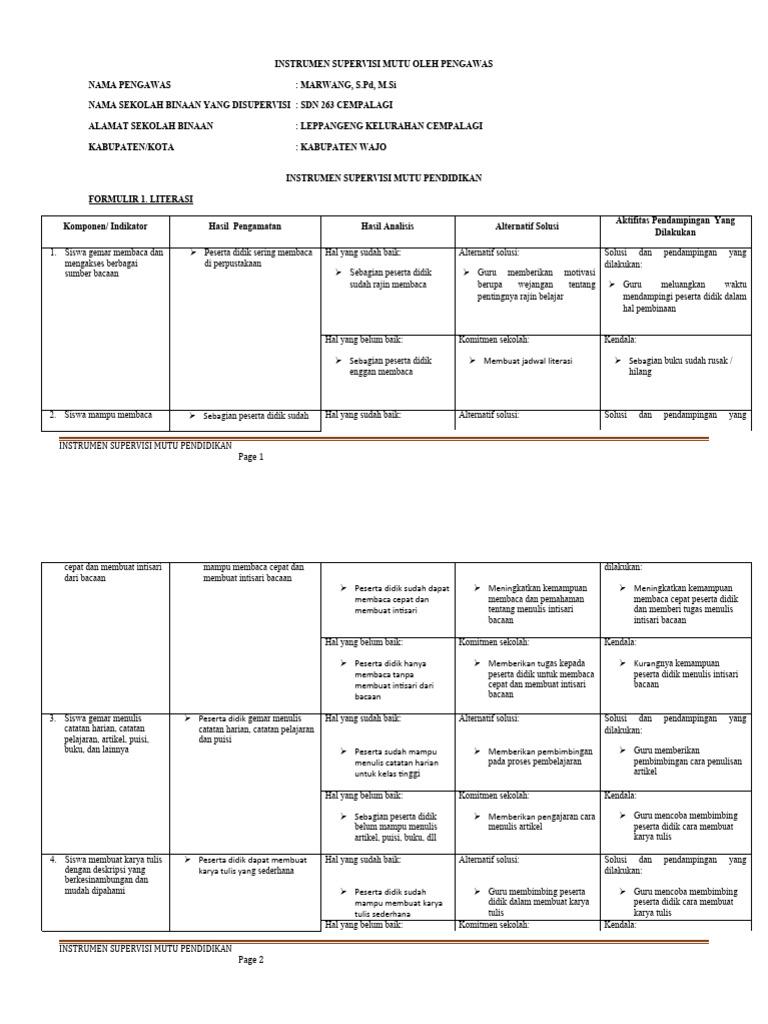 Instrumen Supervisi Mutu Form 1 Literasi | PDF