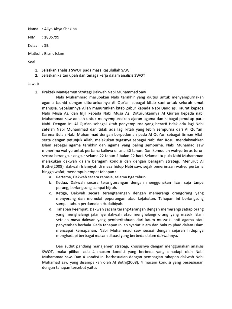 1806799_Aliya Ahya Shakina_5B_quis Analisis SWOT | PDF