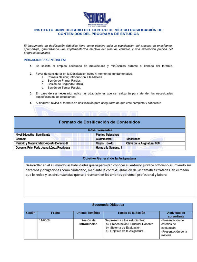 Instrumeto de Dosificacion Didáctica DERECHO II | PDF | Aprendizaje