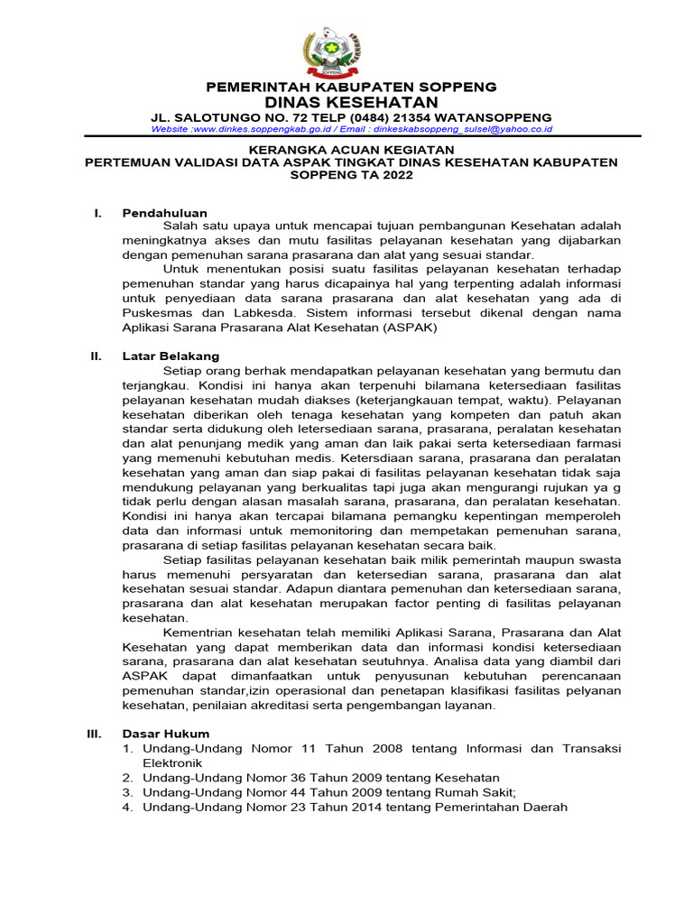 Kak Pertemuan Validasi Data Aspak Tingkat Dinas Kesehatan Kabupaten Soppeng Ta 2022 | PDF