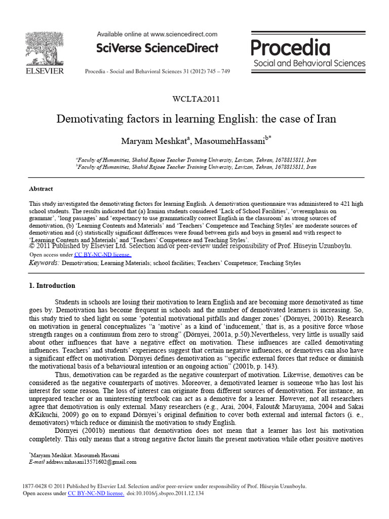 Demotivating Factors in Learning English - The Case of Iran | PDF ...