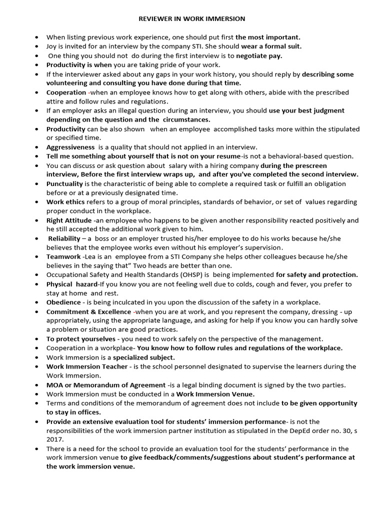 Reviewer in Work Immersion 3rd Q | PDF | Employment | Résumé