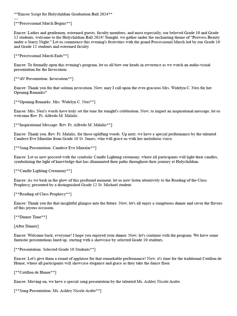 Emcee Script For Holychildian Graduation Ball 2024 | PDF | Art