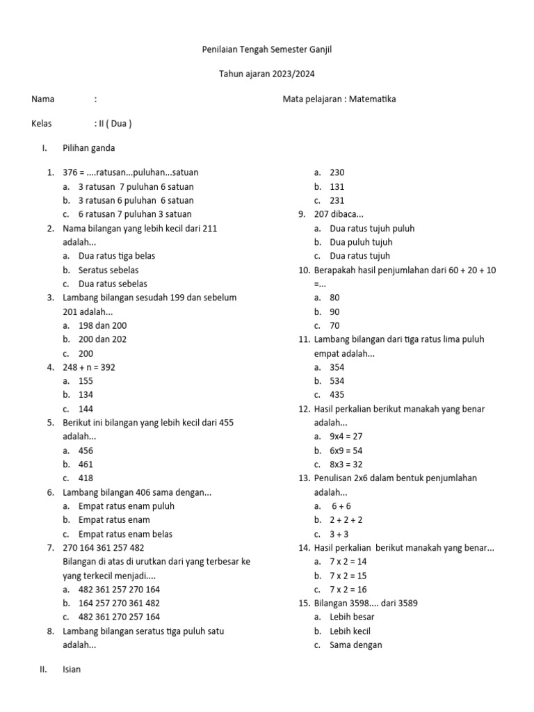 Soal Mtk Kelas 2 Pdf