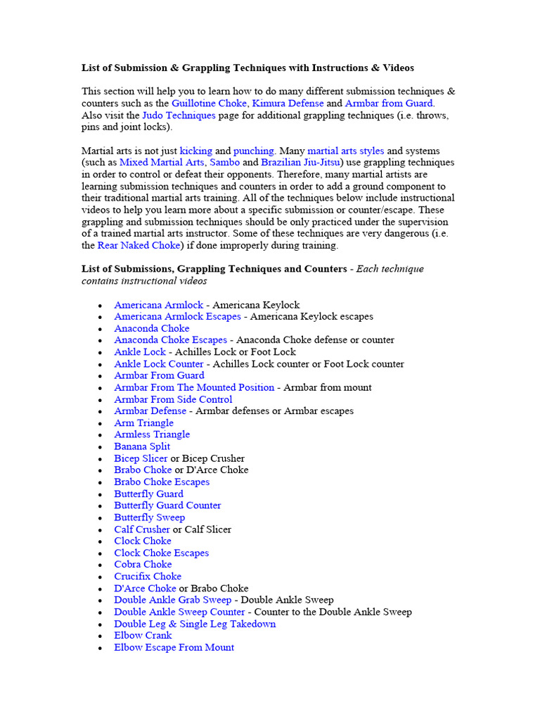 List Of Submission Grappling Techniques With Instructions Videos