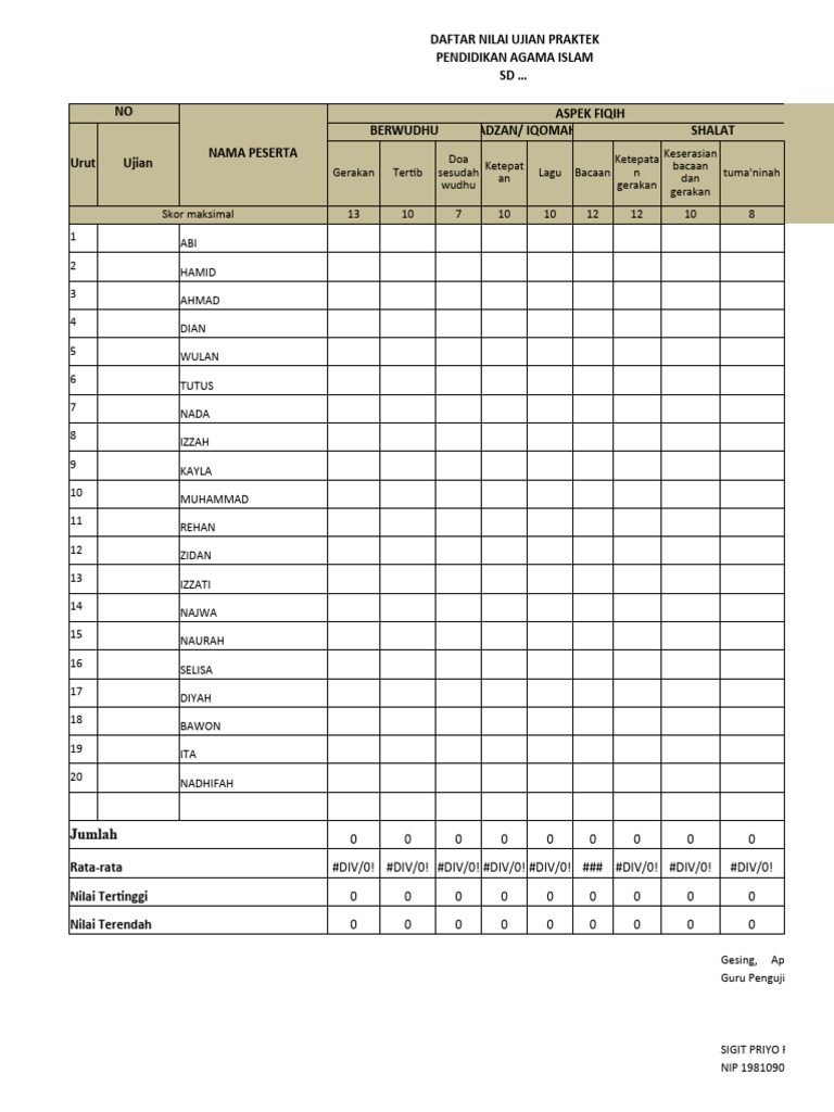 Form Penilaian Ujian Praktik PAI | PDF