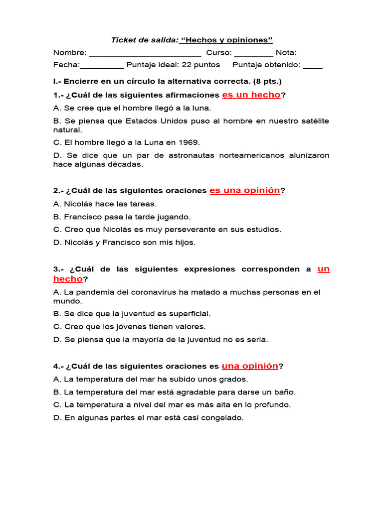 Hechos y Opiniones: Ejercicios para Niños | PDF