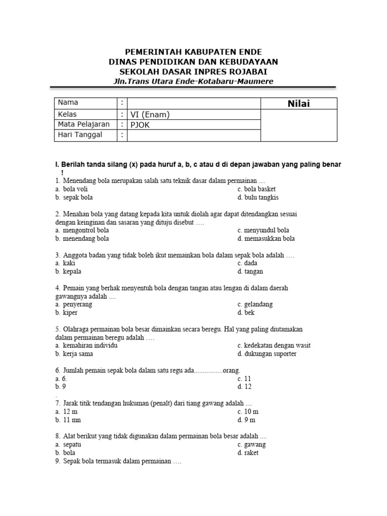 Soal Ujian Pjok Kelas 6 Semester 1 Tahun 2023 | PDF