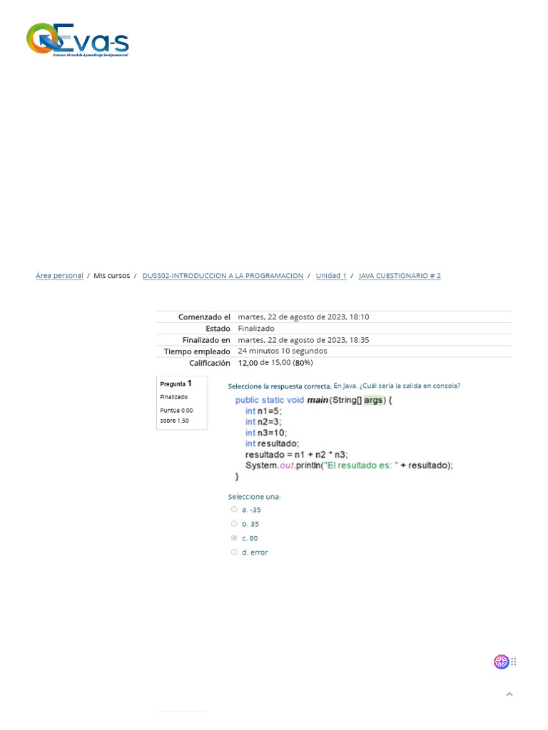 Java Cuestionario # 2 - Revisión Del Intento | Descargar gratis PDF | Software | Informática
