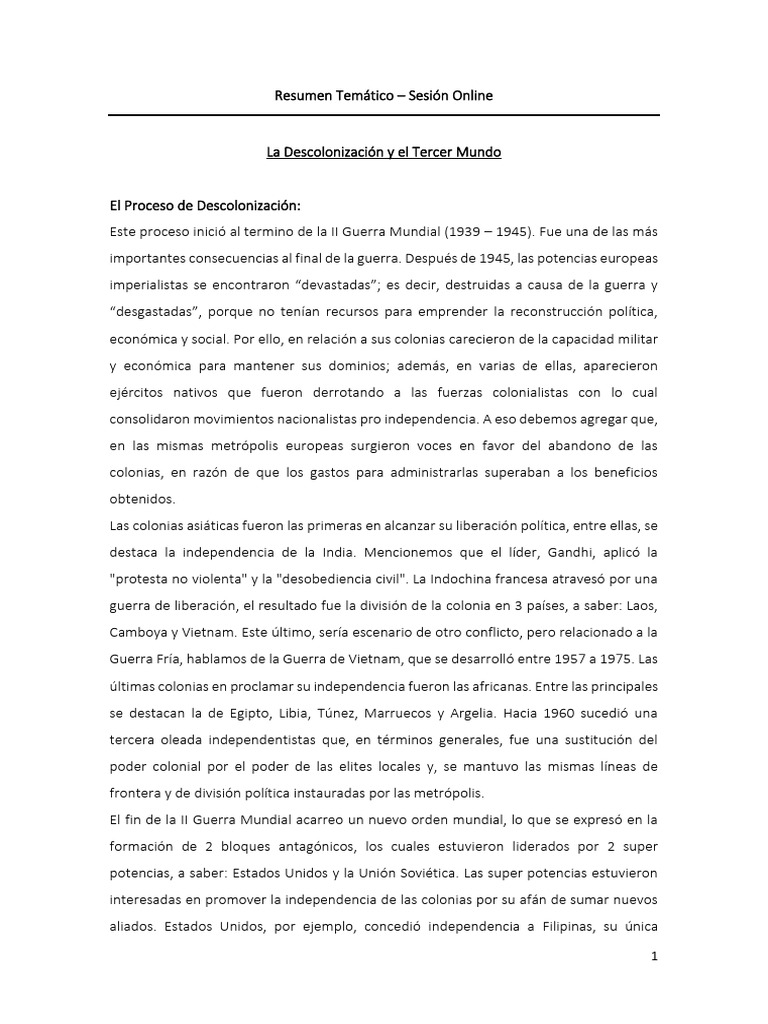 Semana 4 - Resumen Temático - Descolonización y Tercer Mundo | PDF | Colonialismo | Descolonización