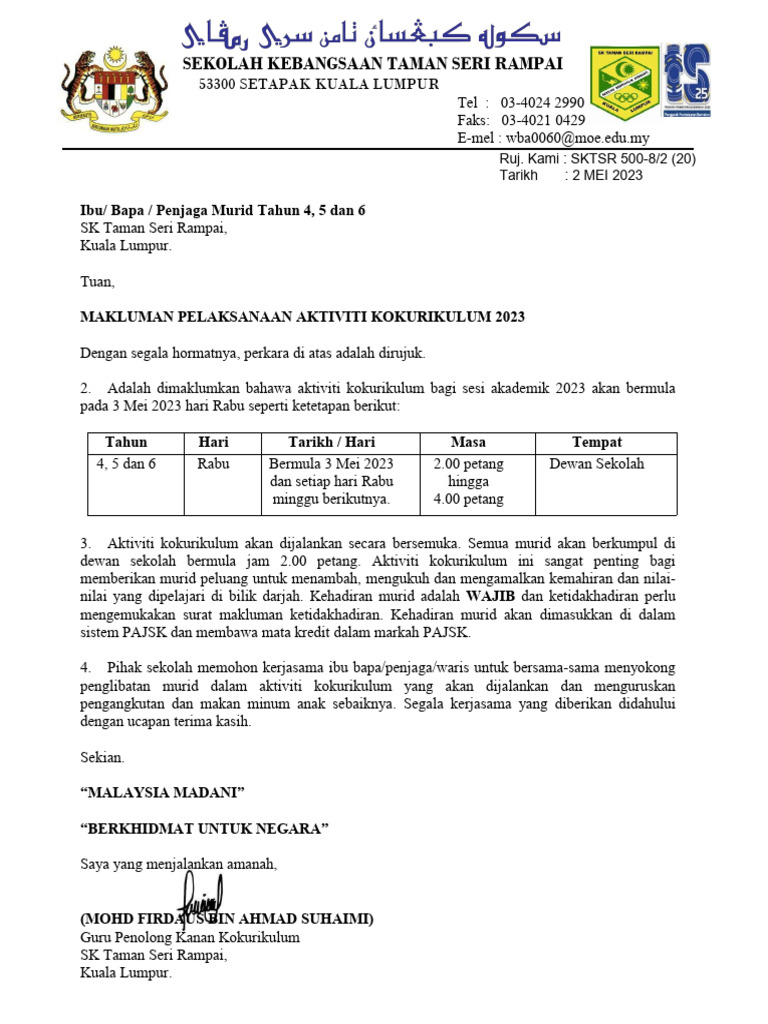 Surat Makluman Aktiviti Kokurikulum 2023 Pdf