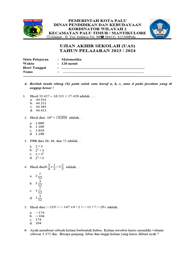 Soal US Matematika 2022-2023 Revisi 2 | PDF