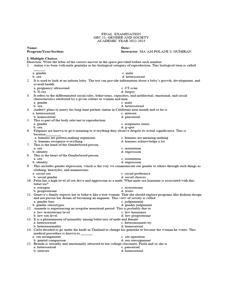 GEC 11 Final Exam | PDF | Gender | Gender Studies