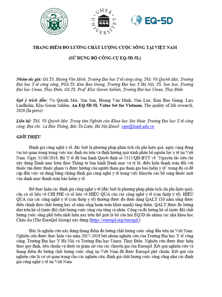 Thang điểm lượng giá chất lượng cuộc sống tại Việt Nam EQ 5D 5L | PDF