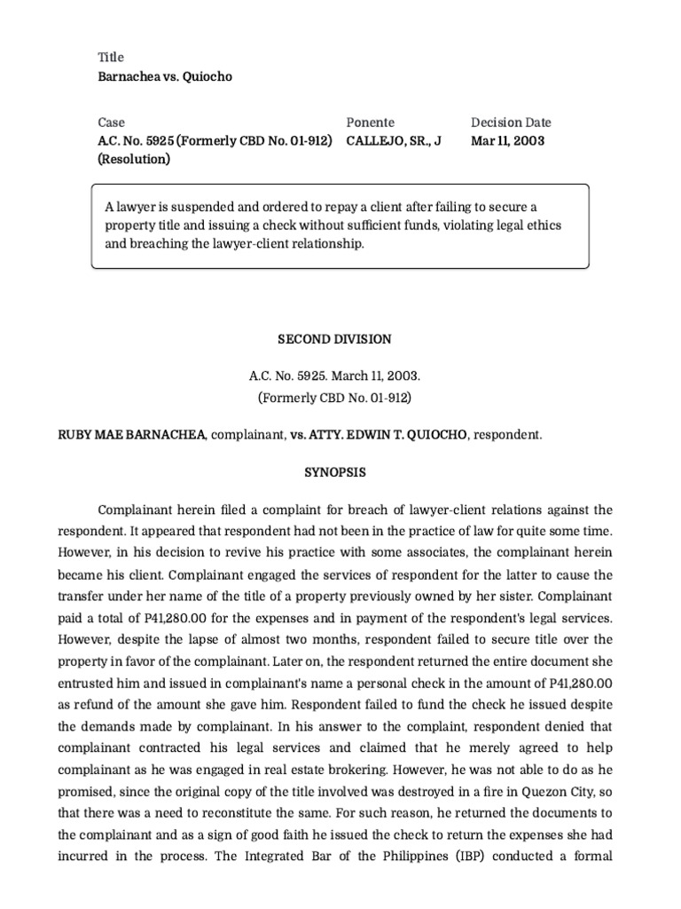 06-A.C. No. 5925 - Barnachea vs. Quiocho | PDF | Lawyer | Insurance