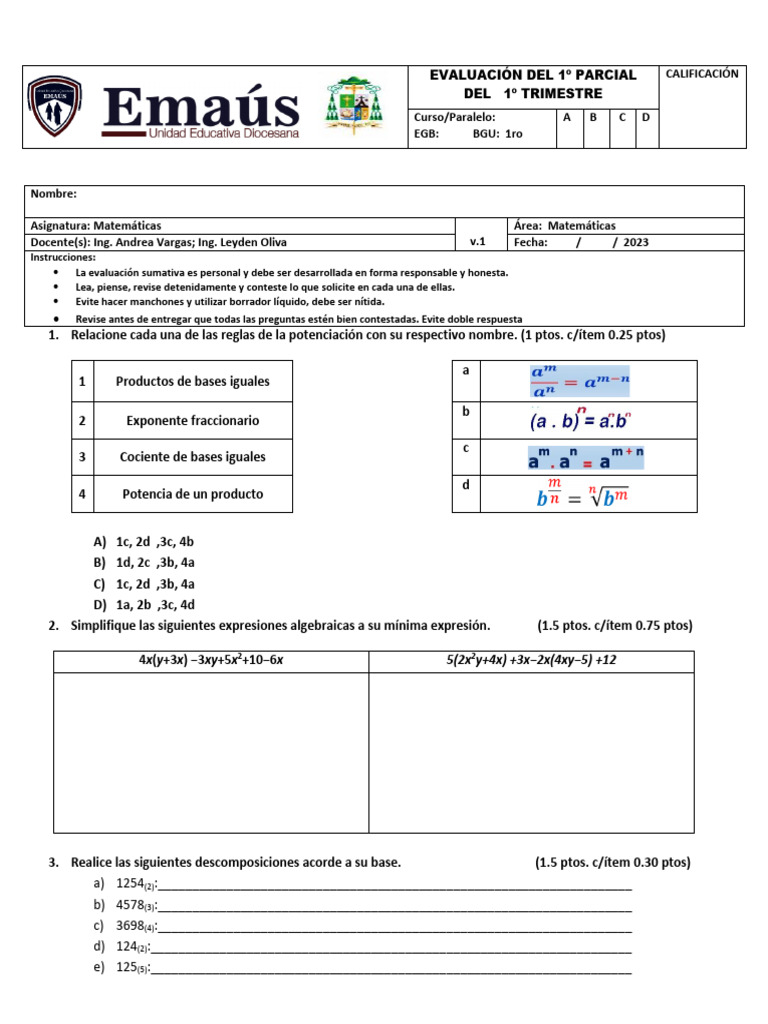 EVALUACIÒN 1ER - PARCIAL-1ER - TRIM. - MATEMÁTICAS-1ro.2do.3ro - Bgu | PDF | Matemáticas ...