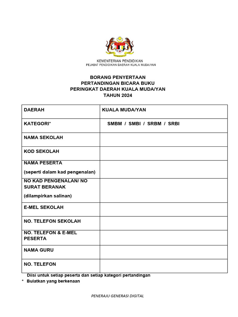 Borang Penyertaan Pertandingan Bicara Buku Kebangsaan 2024 | PDF