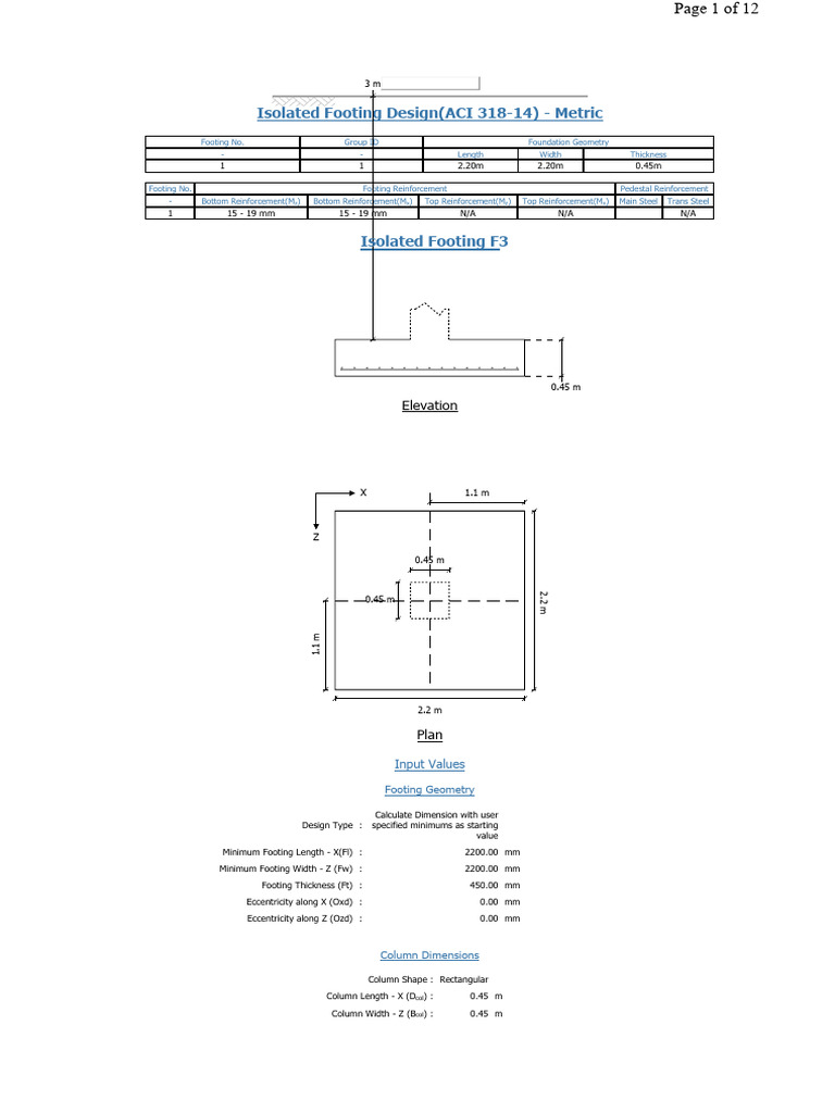 Isolated Footing Design (ACI 318-14) - Metric: Elevation | Download ...